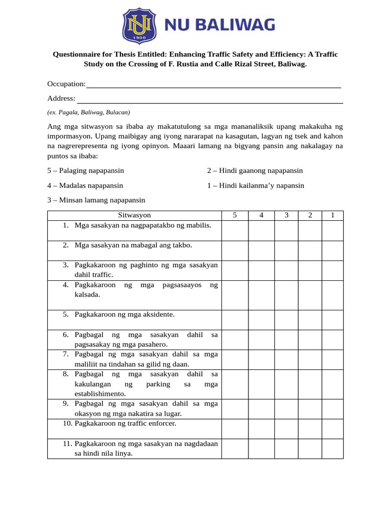 Questionnaire 1 (Tagalog) | PDF