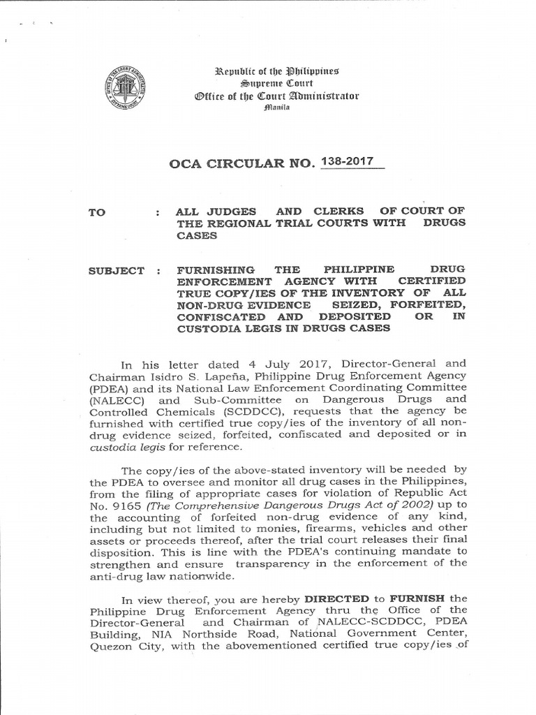OCA-Circular-No.-138-2017-FURNISH PDEA COPY OF INVENTORY | PDF