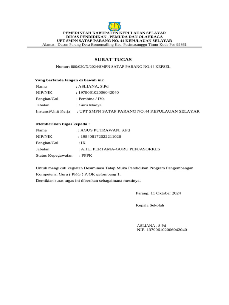 Surat Tugas Agus | PDF