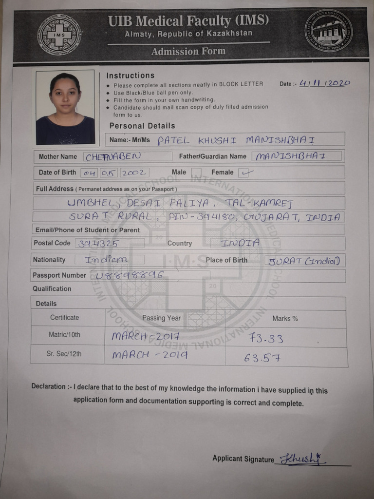 Khushi Patel Admission Form | PDF