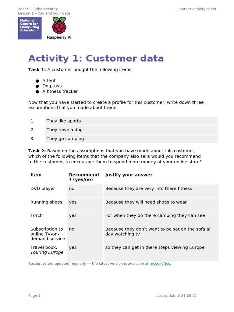 A1 Worksheet - Customer Data | PDF | Games & Activities