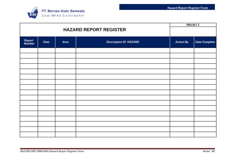 BAS - QHS-HSE-FRM-0006 Hazard Report Register Form | PDF