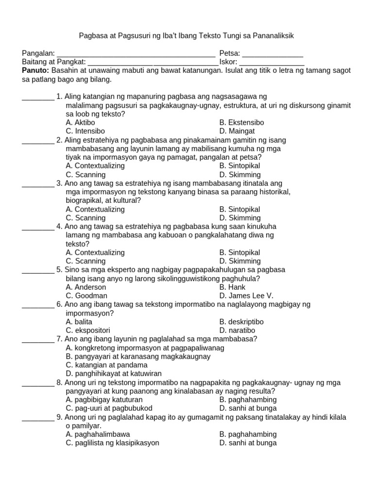 Pagbasa at Pagsulat Summative | PDF