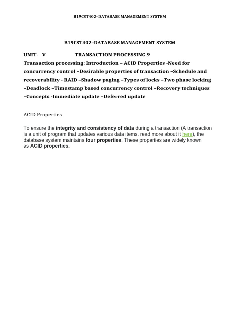 Unit V-DBMS-NOTE | PDF | Database Transaction | Acid Unit V-DBMS-NOTE | PDF | Database Transaction | Acid