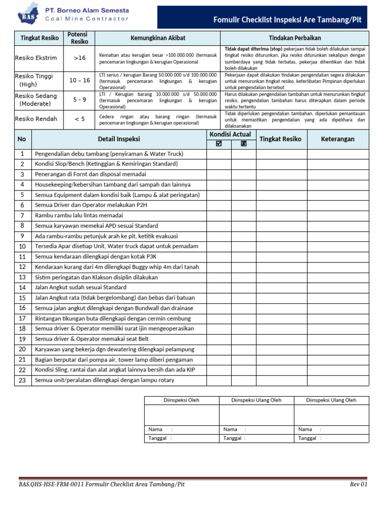BAS - QHS-HSE-FRM-0012 Weekly Safety Checklist Mining (R1) | PDF