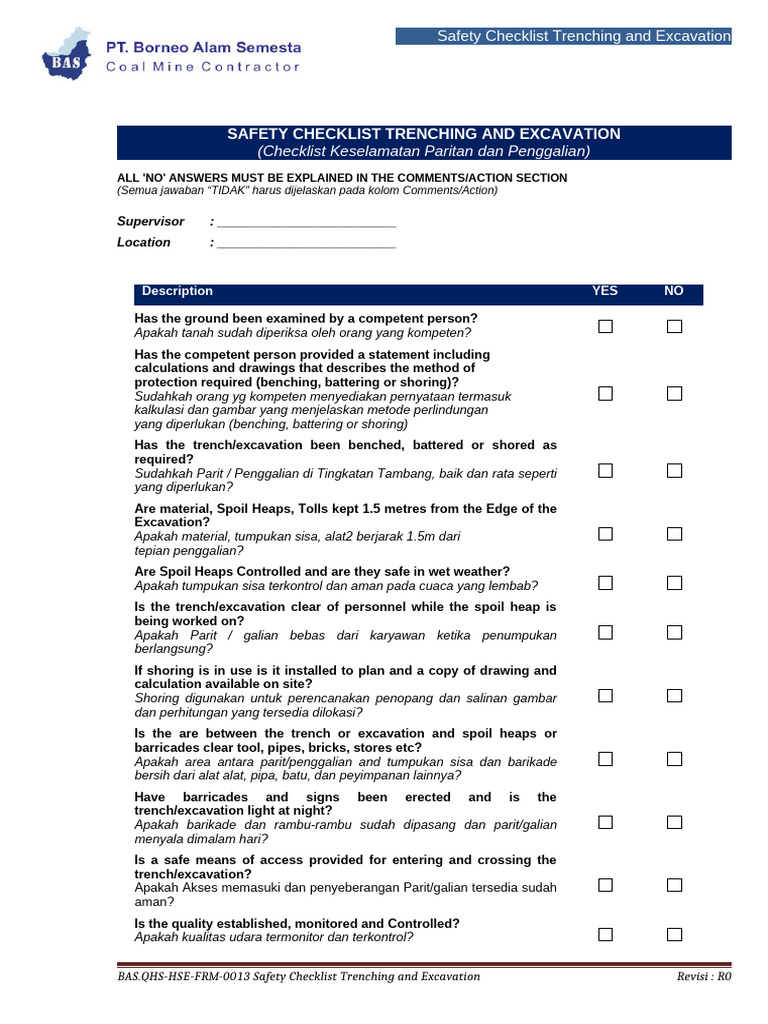 BAS.QHS-HSE-FRM-0013 Safety Checklist - Trenching & Excavation | PDF