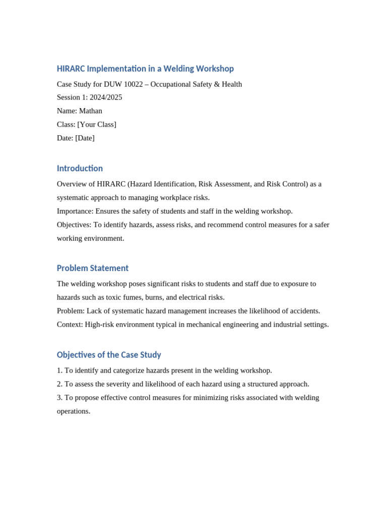 HIRARC in Welding Workshop Safety | PDF | Personal Protective Equipment ...