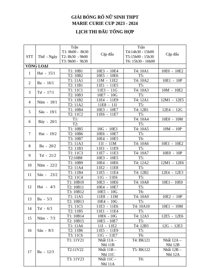 Lịch Thi Đấu Tổng Hợp Bro Nữ THPT 2324 | PDF