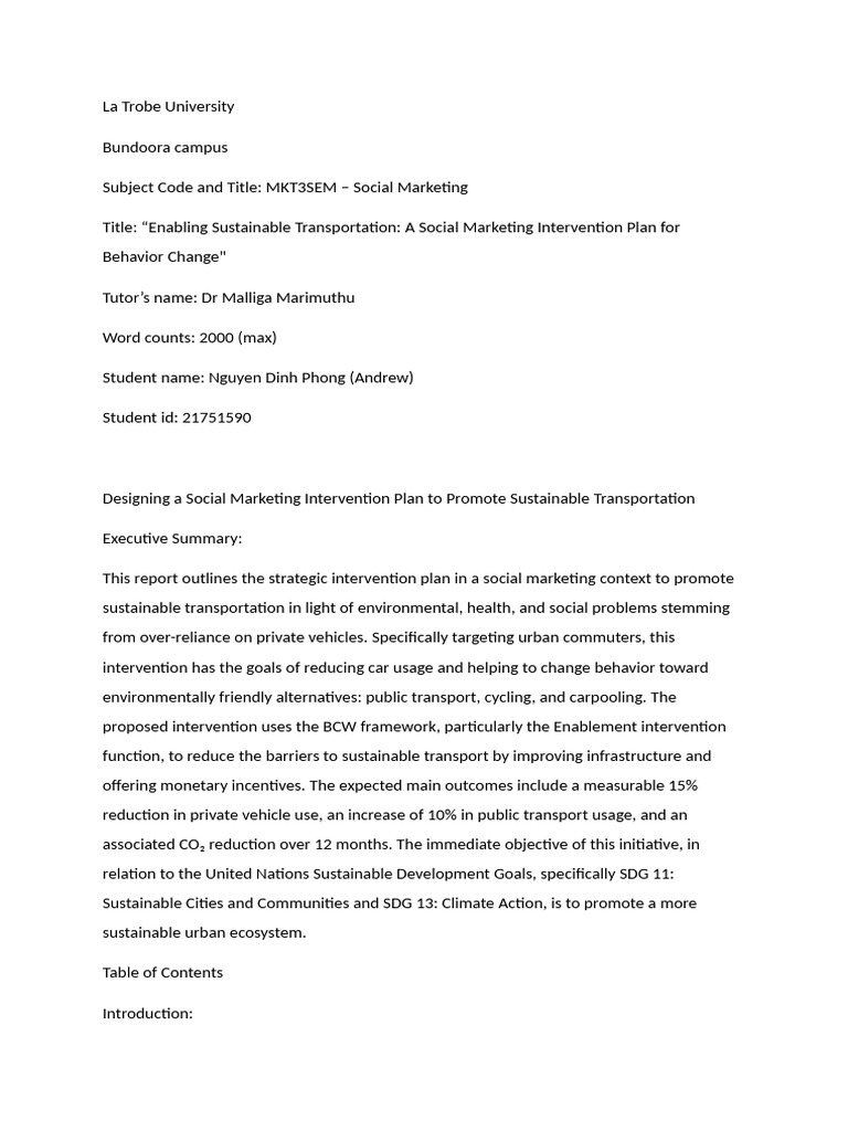 Sustainable Transportation Marketing Plan | PDF | Cost Of Living ...