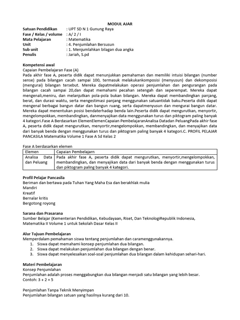 MODUL AJAR MTK Kls 2 | PDF