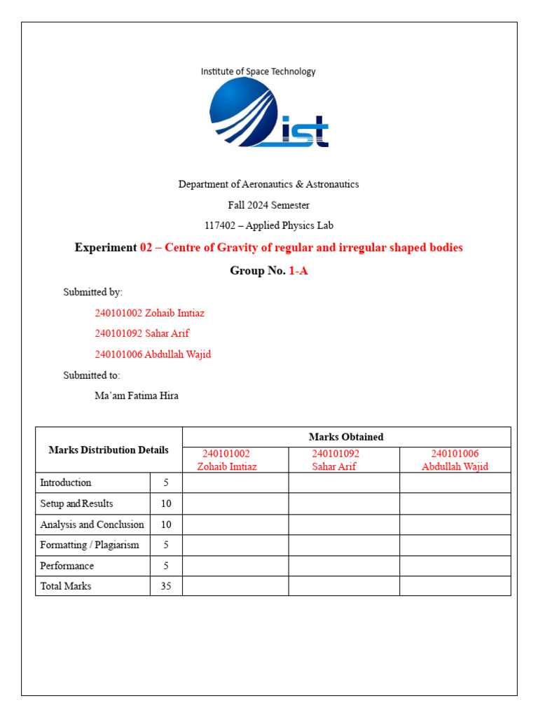 Center of Gravity Lab Experiment Results | PDF | Center Of Mass | Gravity