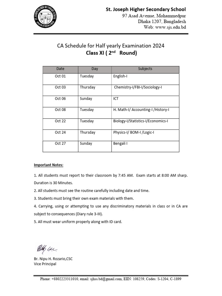 Class XI Exam Schedule 2024 | PDF