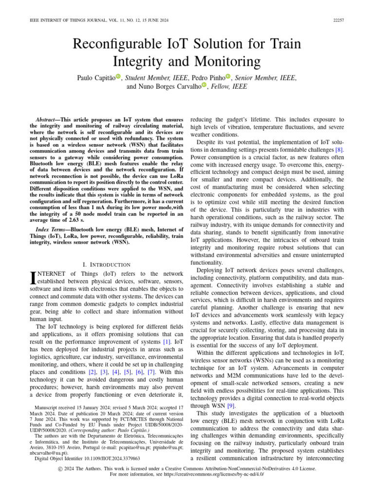 Reconfigurable IoT Solution For Train Integrity and Monitoring | PDF | Wireless Sensor Network ...