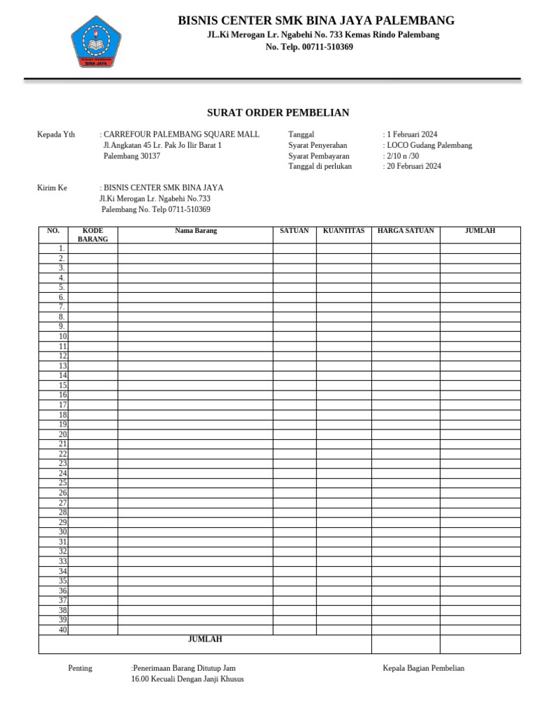 Surat Order Pembelian SMK Bina Jaya | PDF