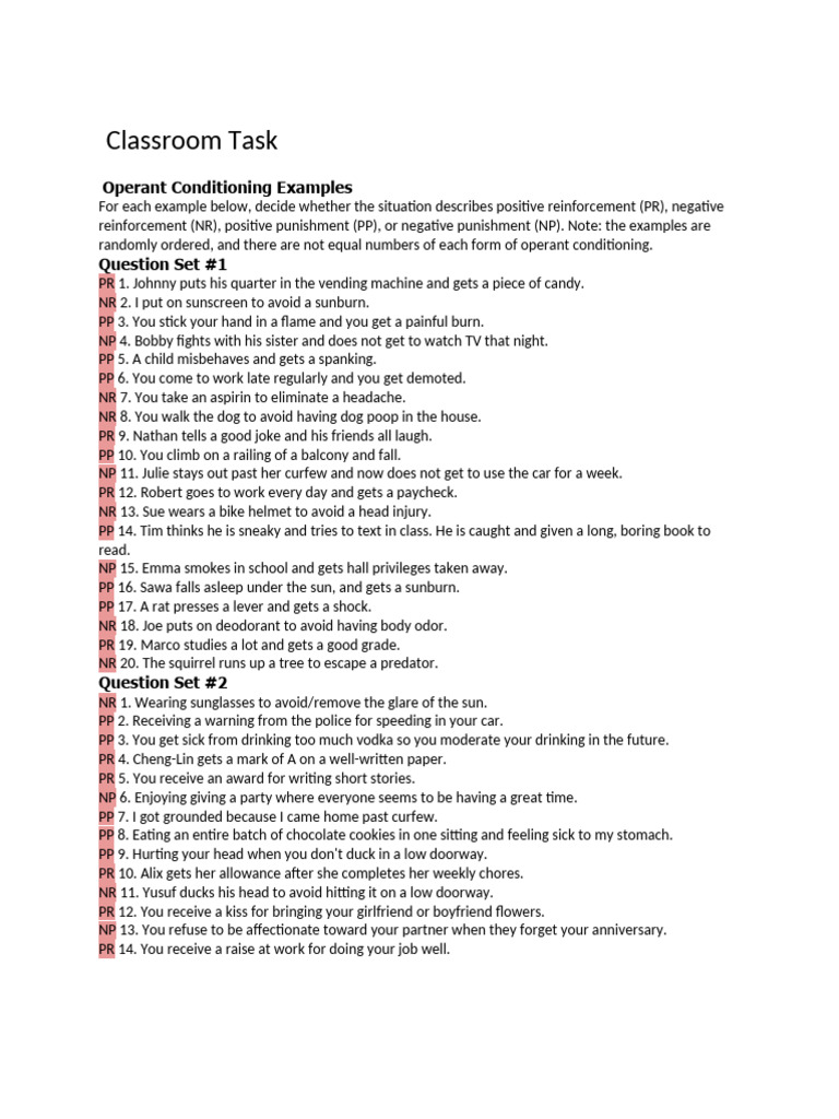 Operant Conditioning Classroom Task | PDF