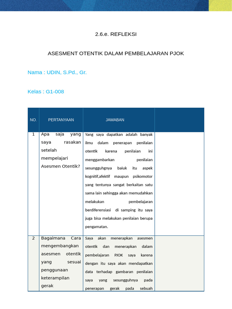 2.6.e. REFLEKSI ASESMEN OTENTIK DALAM PEMB. PJOK - UDIN | PDF