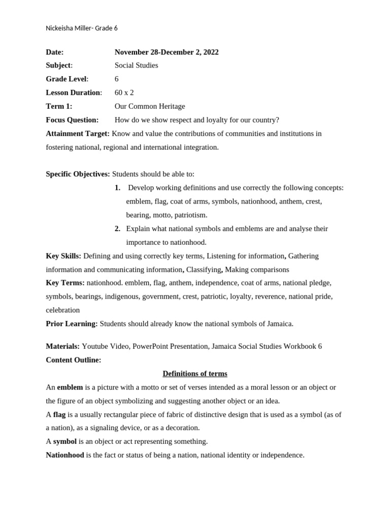 Social Studies Lesson Plan November 28, 2022 | PDF | Jamaica