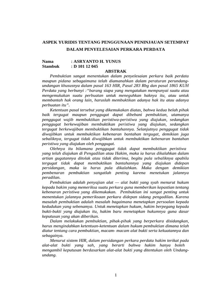 Aspek Yuridis Tentang Penggunaan Peninjauan Setempat Dalam Penyelesaian ...