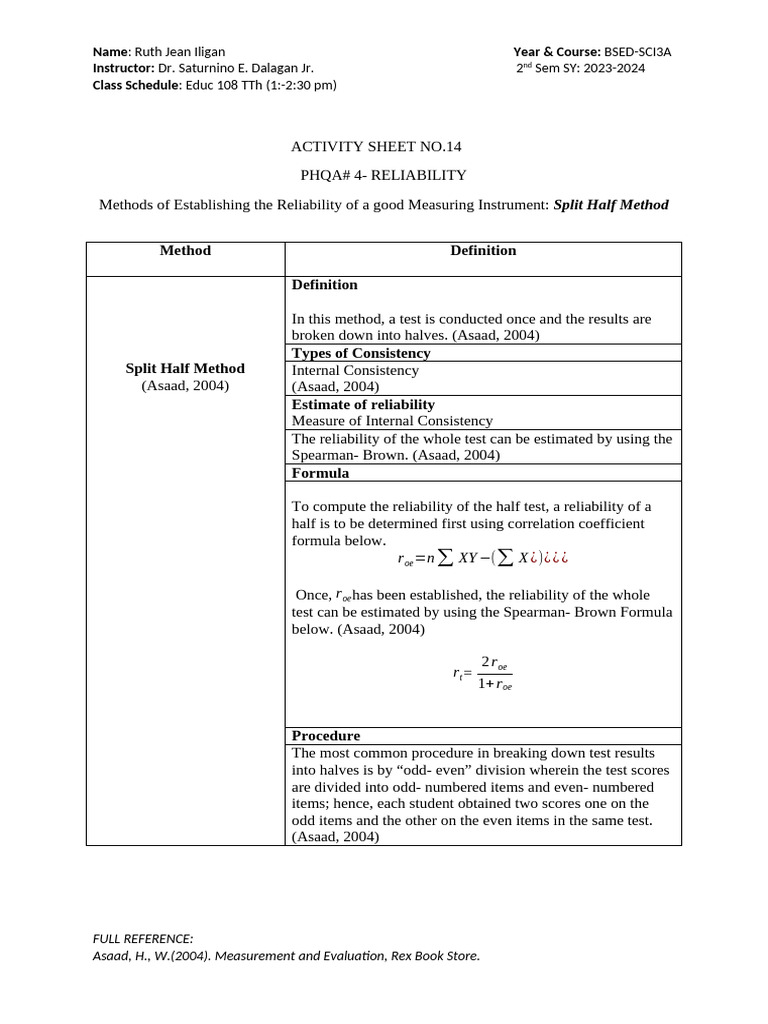 ACTIVITY NO. 14 PHQA# 4 SPLIT HALF METHOD Docx - 2 - 2 | PDF | Statistical Analysis | Teaching ...