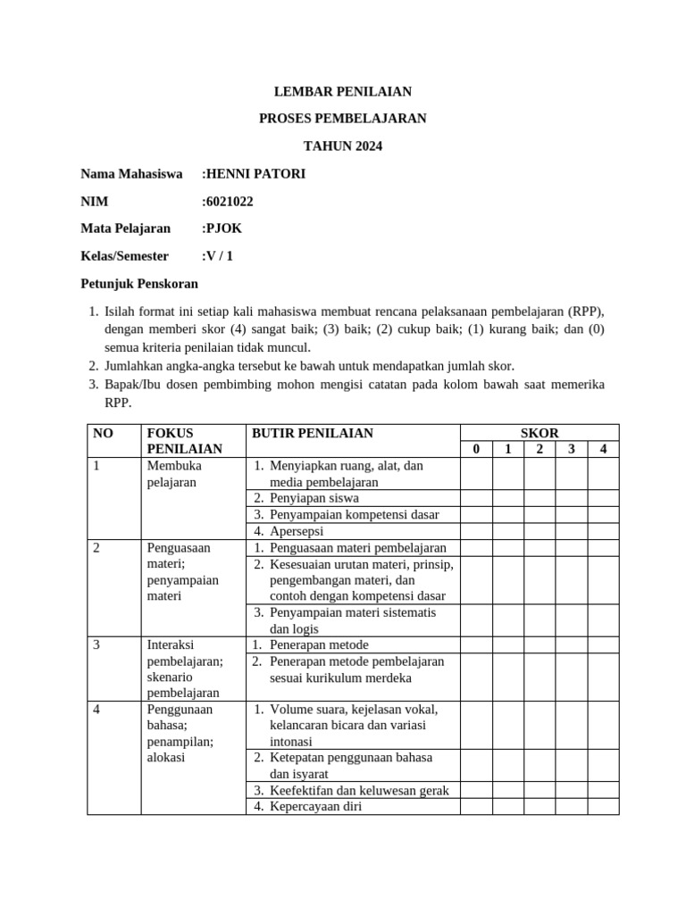 Lembar Penilaian RPP | PDF