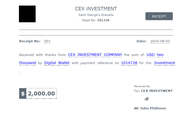CEX Investment Receipt - $2000 Payment | PDF