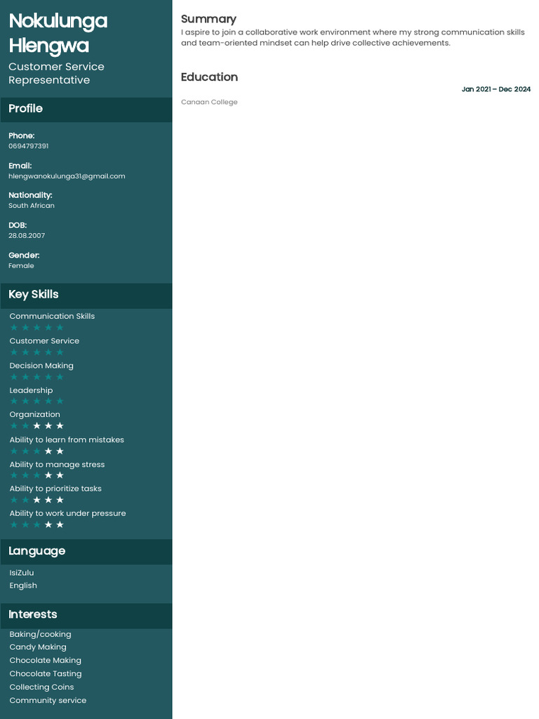 Nokulunga - Resume - 945 | PDF | Business | Self-Improvement