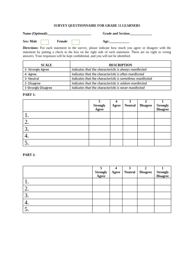 Grade 11 Learner Survey Template | PDF