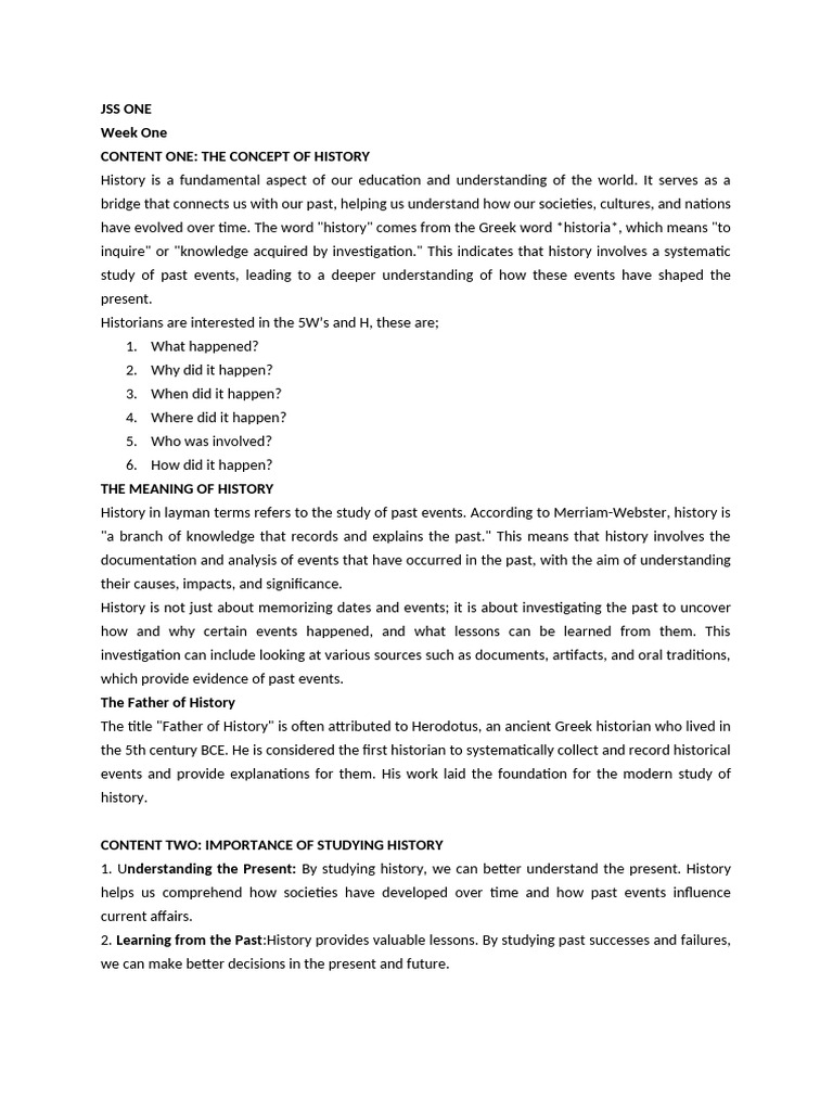 JSS ONE History Lesson Note Week One | PDF | Storytelling | Archaeology