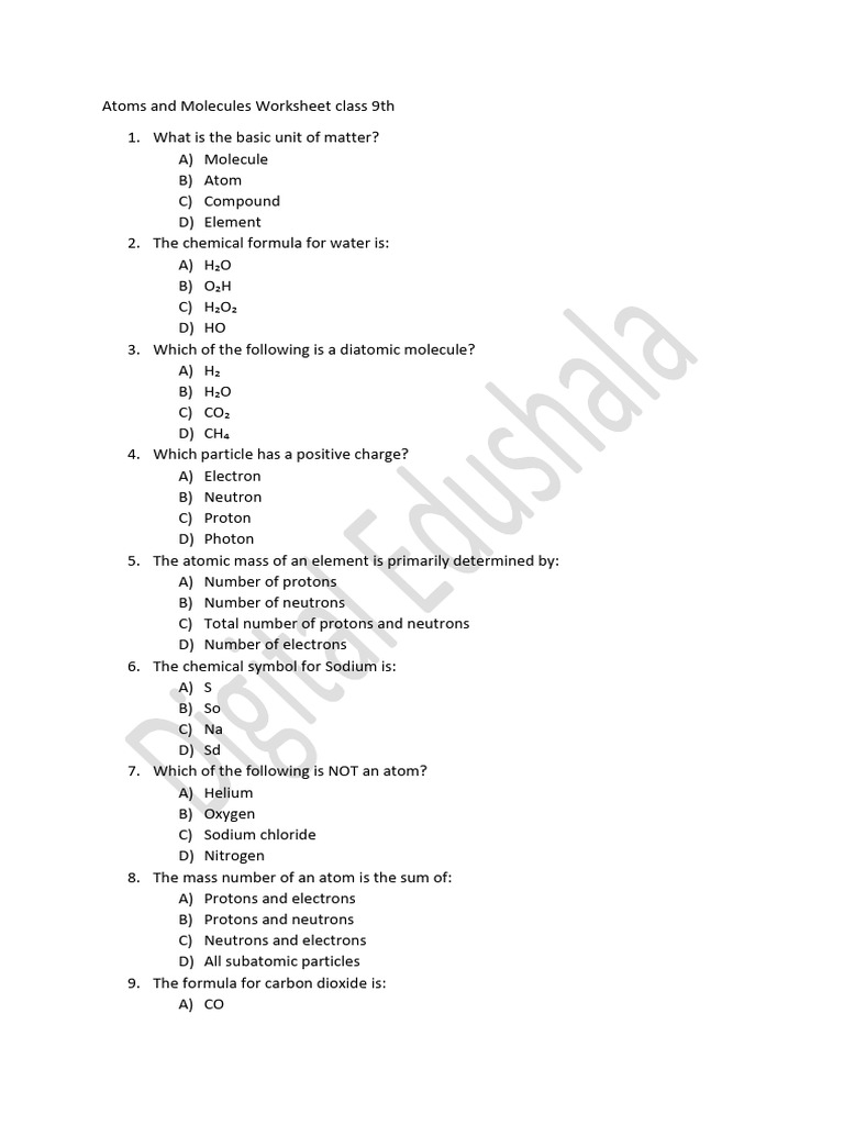 Atoms And Molecules Class 9 Worksheet With Answers Topic: Chapter 3