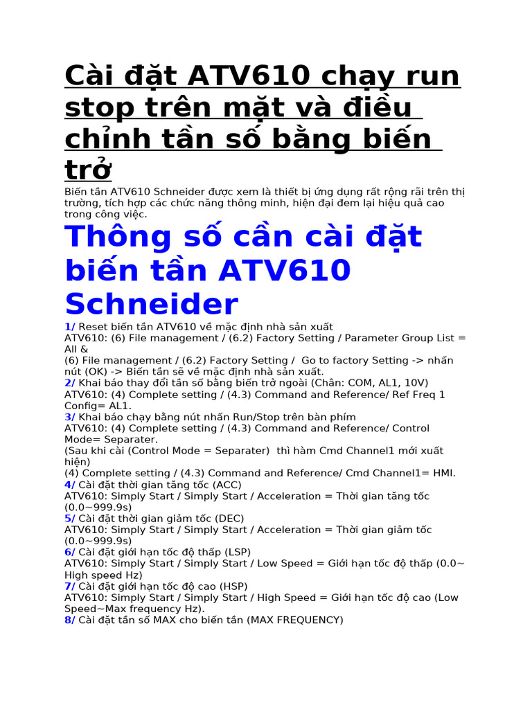 Cài đặt ATV610 chạy run stop trên mặt và điều chỉnh tần số bằng biến trở | PDF