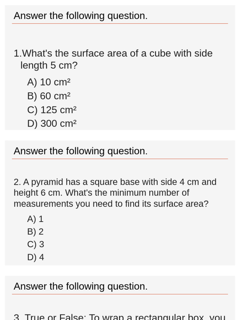 Surface Area Quiz and Assignment | PDF | Teaching Methods & Materials | Art