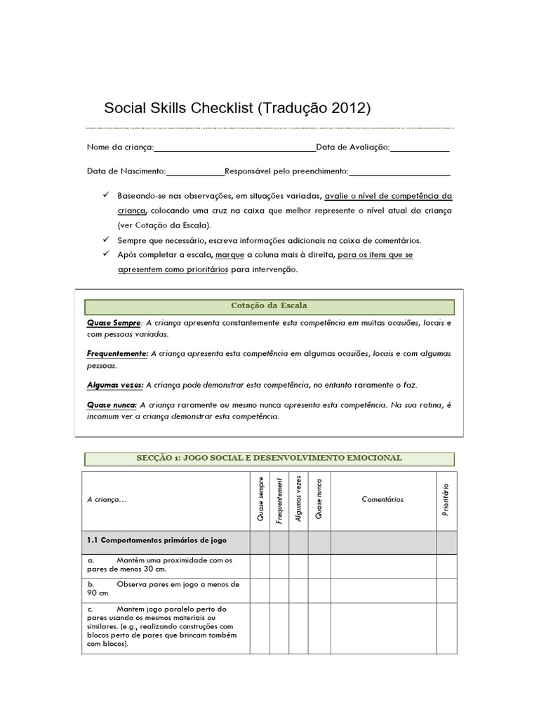 Checklist Social Skills | PDF | Emoções