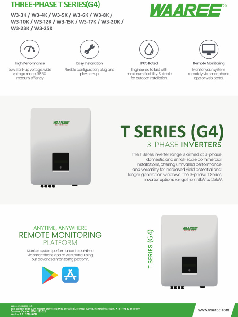 Waaree-T (G4) Datasheet Three Phase Inverter (2024) | PDF
