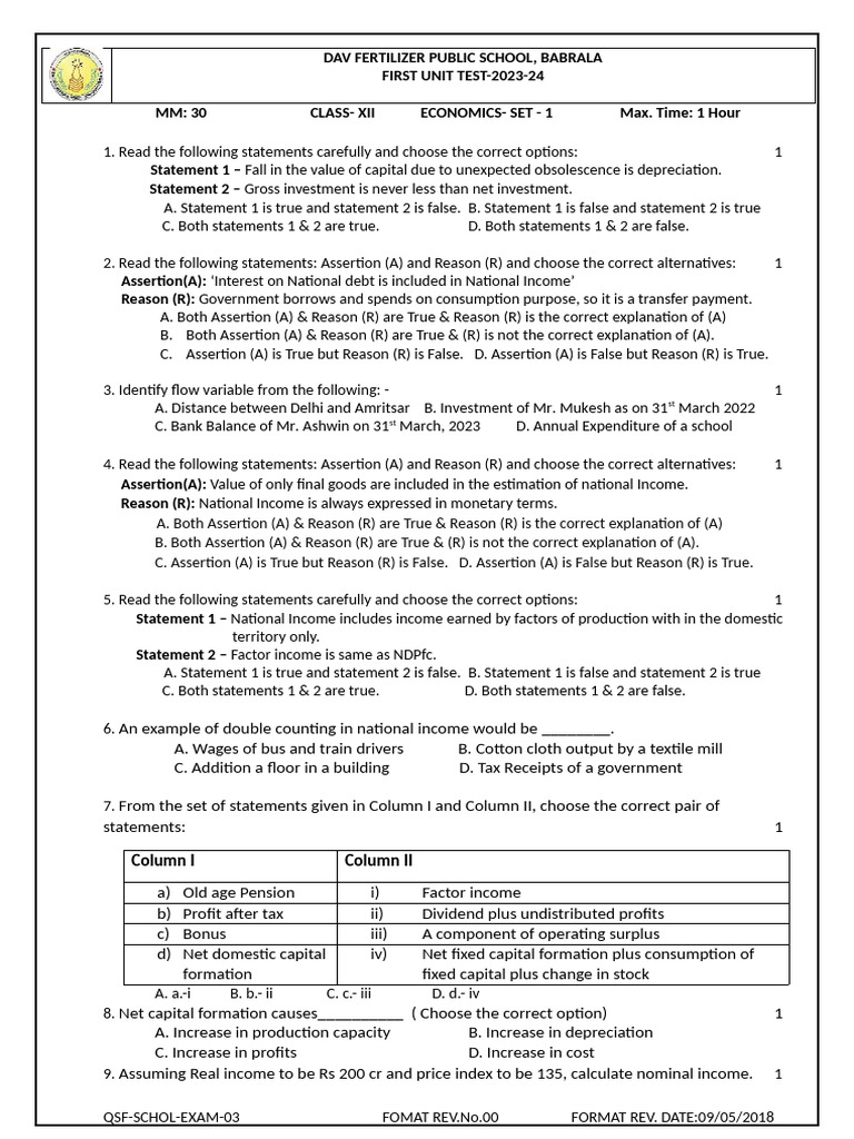 Economics Unit Test: National Income Concepts | PDF | Income | Measures ...