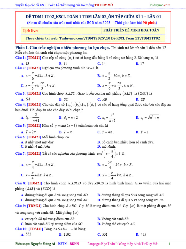 Đề Tdm11t02 - kscl Toán 11 Tdm Lần 02 - ôn Tập Gk1 - số 01 | PDF