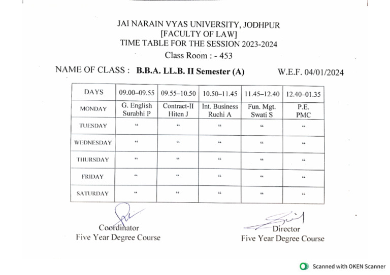 Time Table B.B.A LLB Ii Sem (A) | PDF