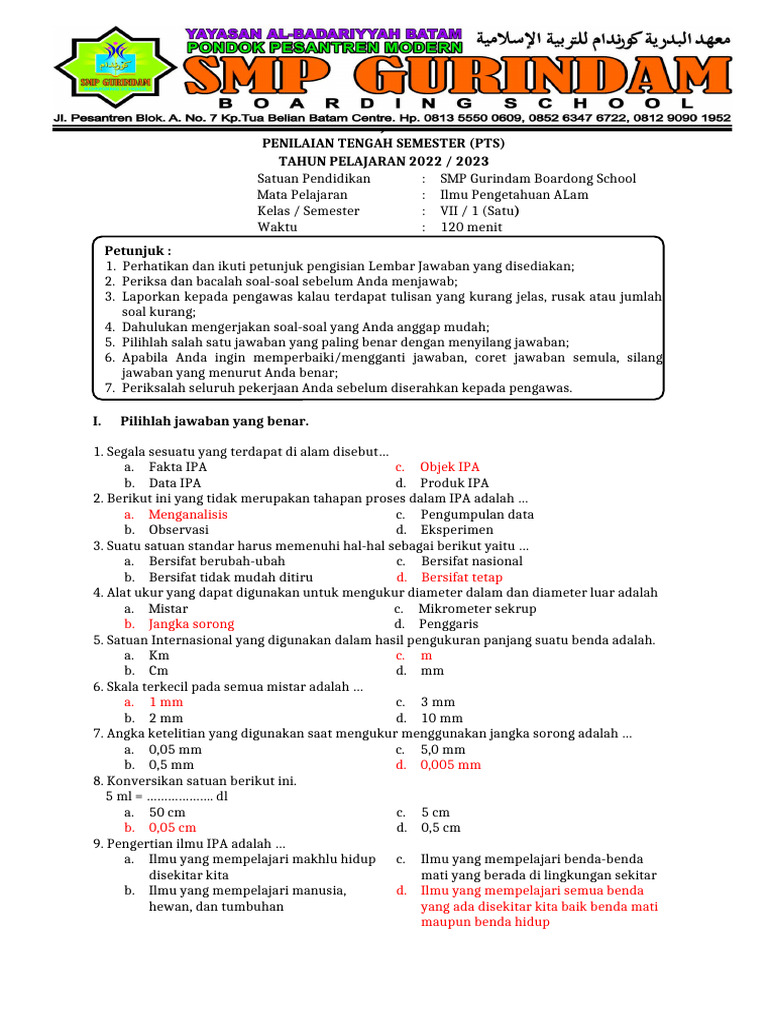 SOAL UTS IPA GANJIL KLS 7 Print | PDF | Metode & Bahan Ajar