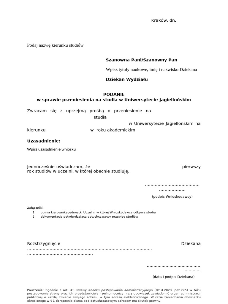Podanie Przeniesienie Na Studia UJ | PDF