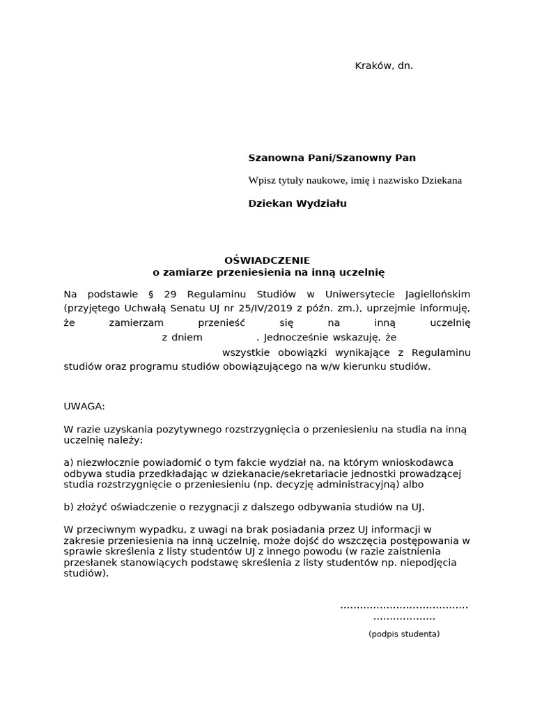 Oswiadczenie Przeniesienie Na Inna Uczelnie | PDF