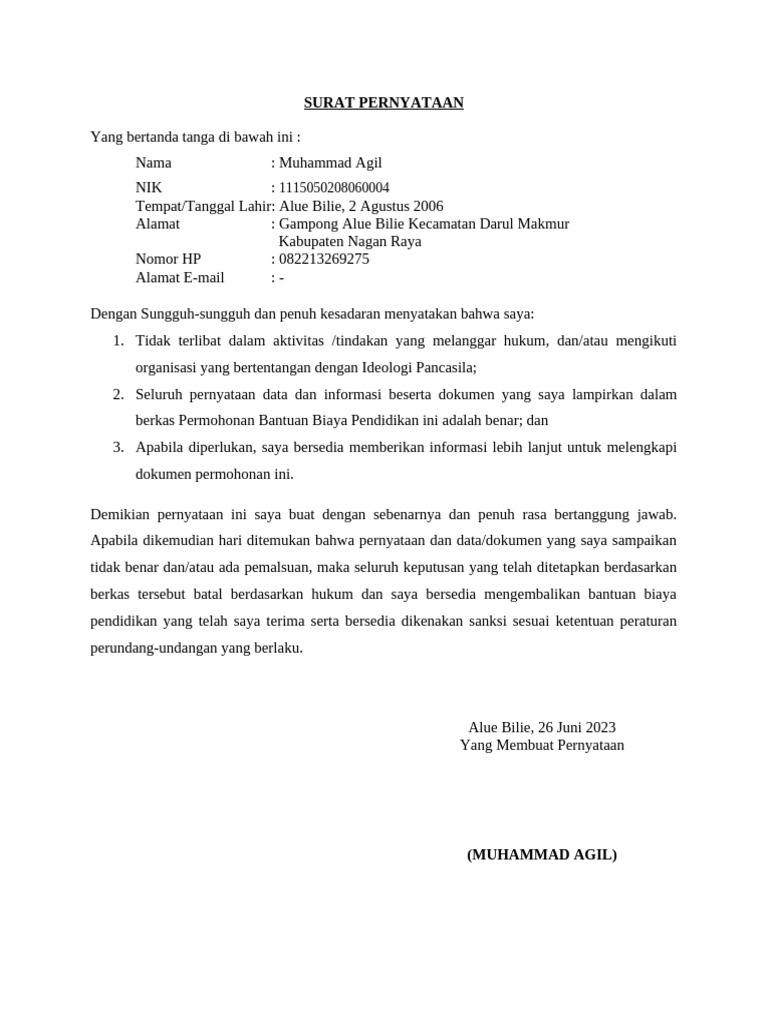 Contoh surat penyataan | PDF
