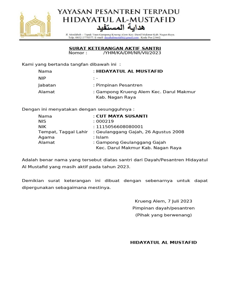 Surat Keterangan Aktif Santri | PDF