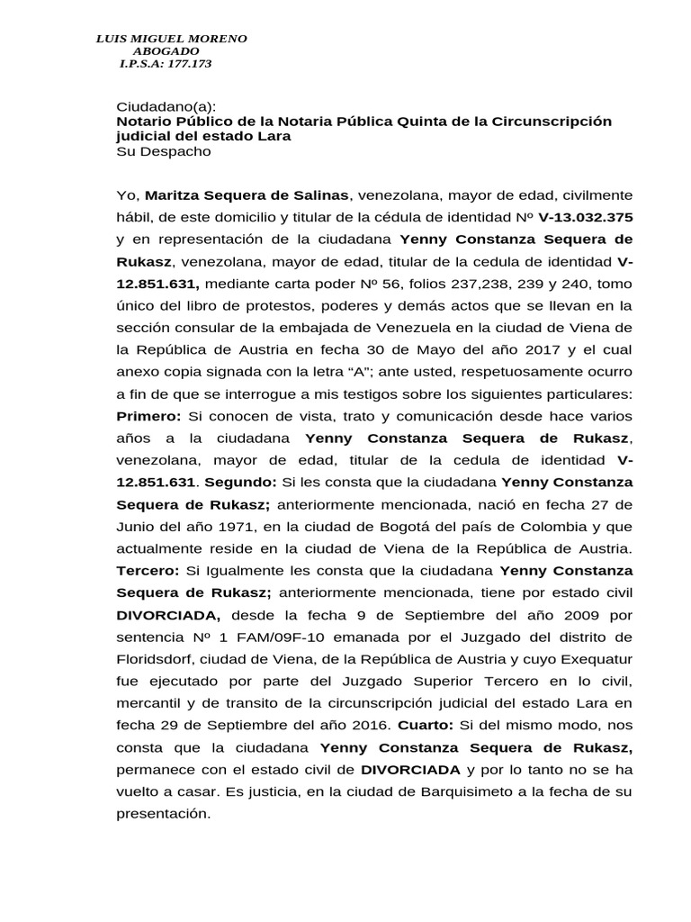 Carta de Solteria Yenny Constanza Sequera de Rukasz con poder consular ...