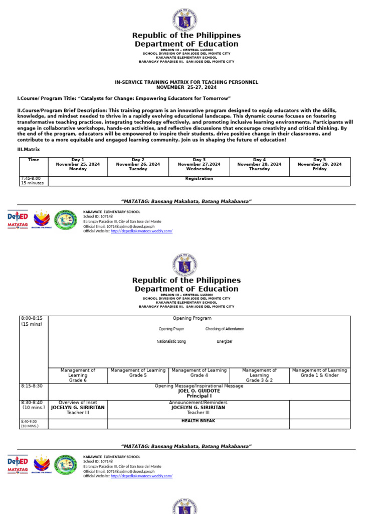 3day Kakawate-Inset Matrix Plan November 2024 | PDF | Cognition | Learning