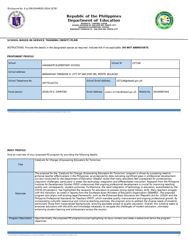 Enclosure No. 4 KAKAWATE ES School-Based 3DAY INSET Plan | PDF | Learning | Educational Assessment