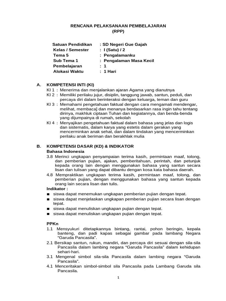 RPP SD Kelas 1 Tema 5 | PDF