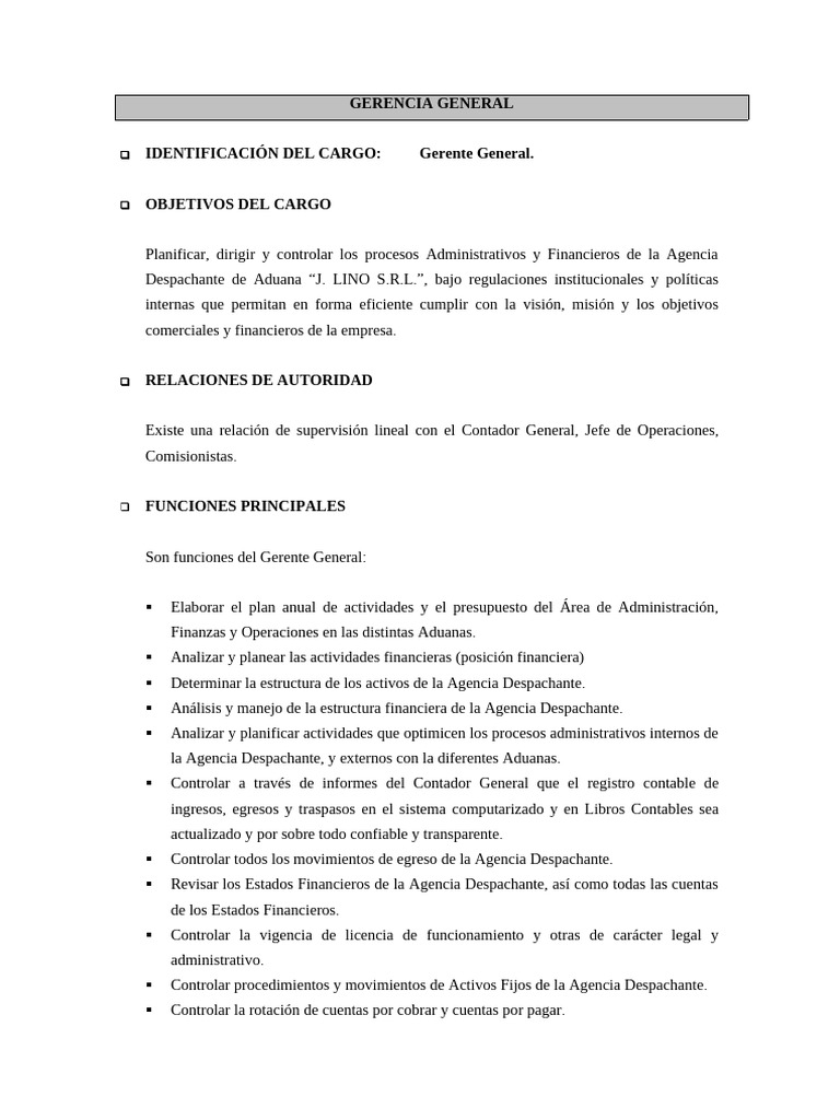 Manual de Funciones Gerente General J Lino | PDF | Presupuesto ...