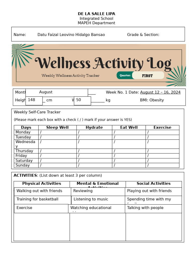 1st Quarter - Wellness Activity Log | PDF | Determinants Of Health ...
