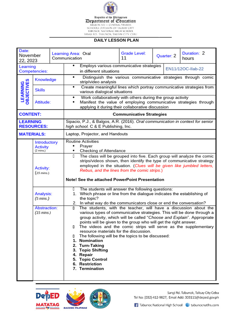 Grade 11 Oral Communication Lesson Plan | PDF | Argument | Learning