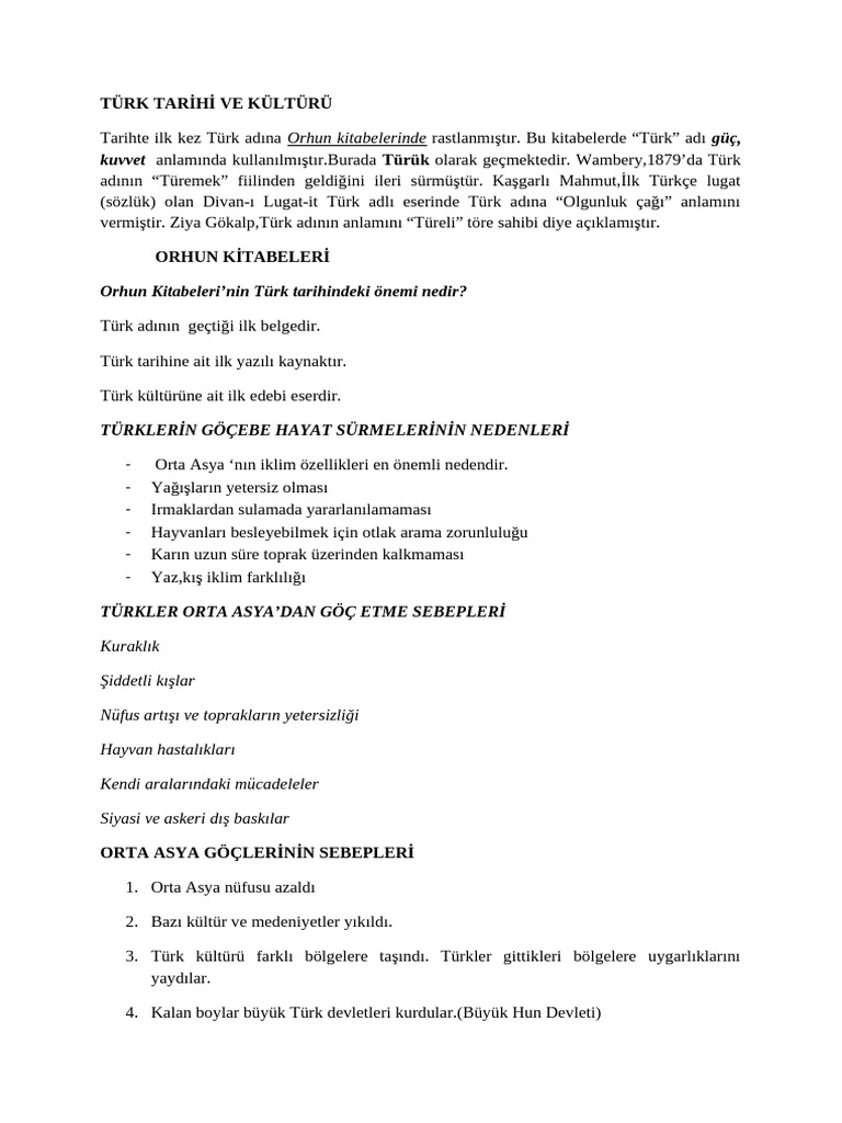 Turk Tarihi Ve Kulturu Ders Notlari | PDF