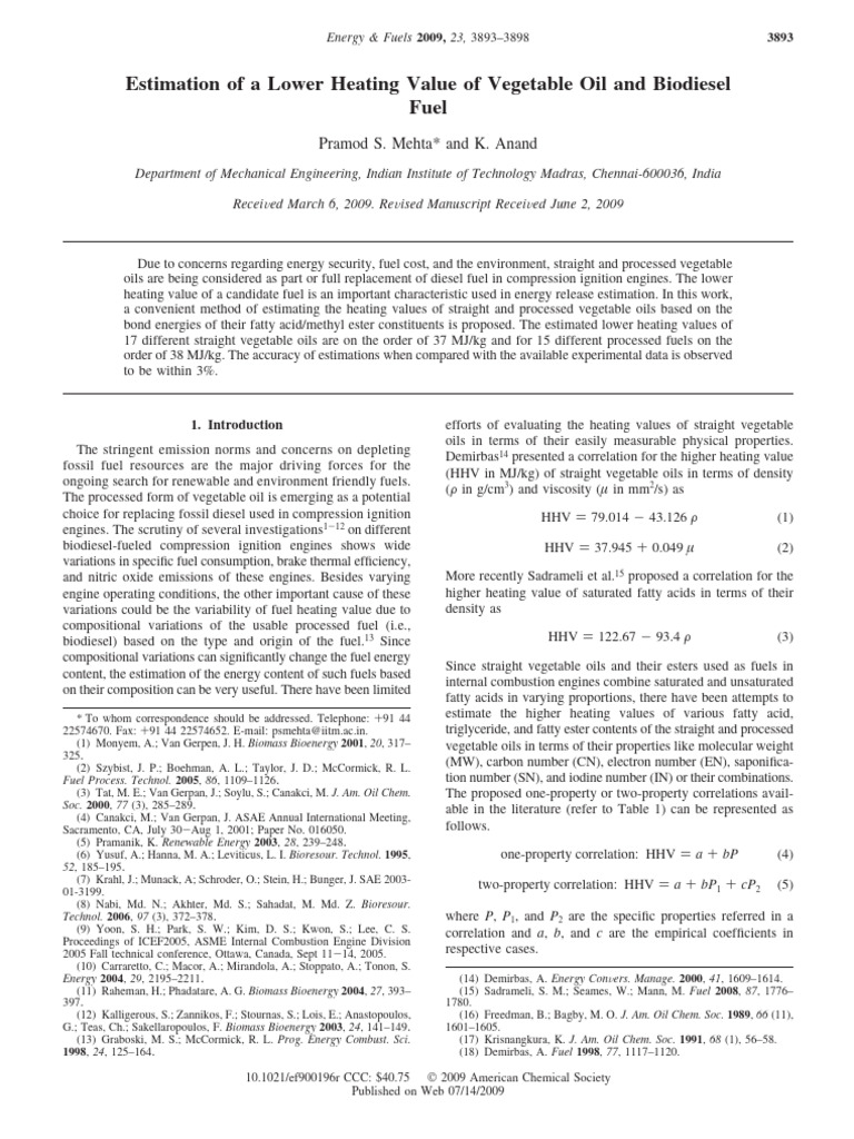 Estimation of A LHV of Vegetable Oil and Biodiesel Fuel - Mehta and Anand (2009) | PDF | Fatty ...